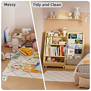 JHTOPJH 3 Tier Kids Wooden Bookshelf, 5 Sling Bookshelf, 1 Removable Storage Cabinet, Kids & Toddler Book Rack for Book Storage and Display