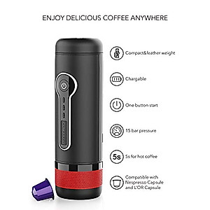 CONQUECO Portable Coffee Maker: 12V Travel Espresso Machine, 15 Bar Pressure Rechargeable Battery Heating Water for Camping, Driving, Home and Office