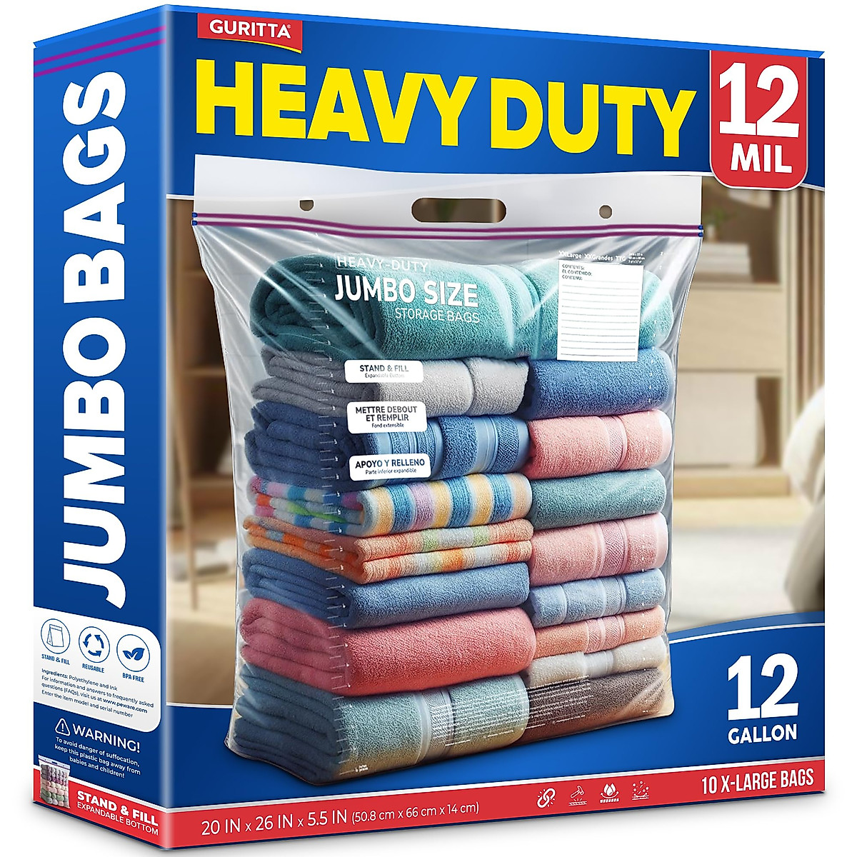 10 GALLON Jumbo Storage Bag with Handle, 12 MIL Extra Heavy-duty Clear Big Plastic 20x26''- Double Reclosable Zip Poly Bags with Resealable Lock Seal Zipper, 10 Bags