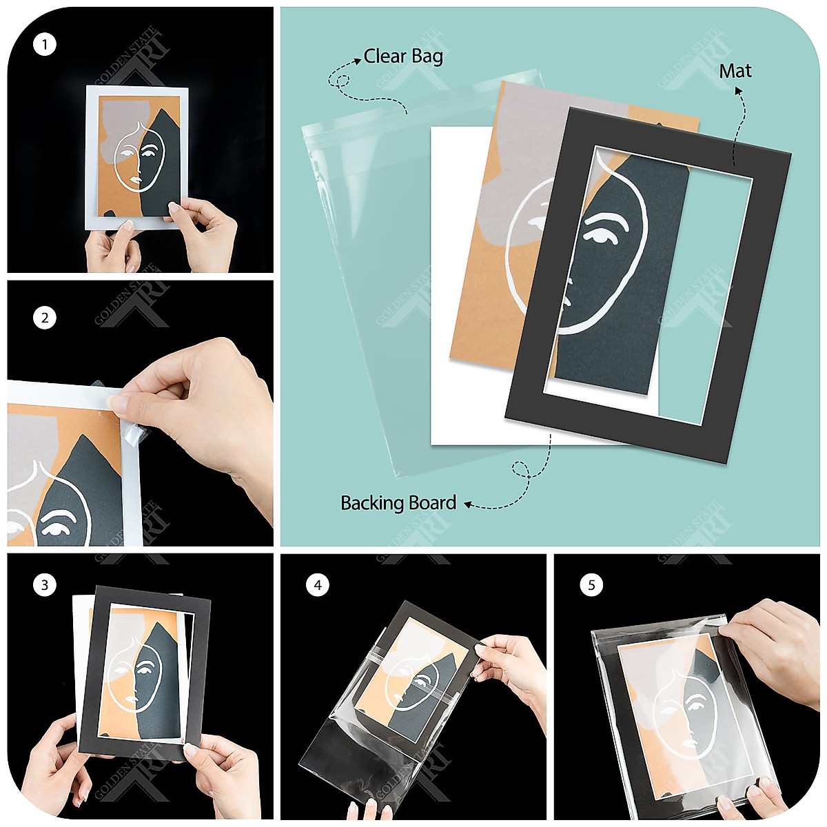 Golden State Art, Pack of 100, Resealable Adhesive Clear Bags with Flap - Fit for 5x7 Mat Matting and Art Prints Bag Size: 5 1/4 x 7 1/8 in