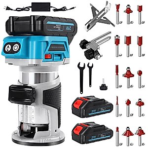 Cordless Compact Wood Router Tool - 6 Speeds Adjustable Electric Hand Woodworking Trimmer Palm Router kit with 15 PCS Router Bits, 2PCS 4.0Ah Batteries