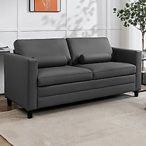 Mjkone Faux Leather Pull Out Sofa Bed, Queen Size Convertible Sleeper Sofa, 2-in-1 Modern Loveseat Couch Bed with Memory Form Mattress for Living Room, Office and Apartment, Grey