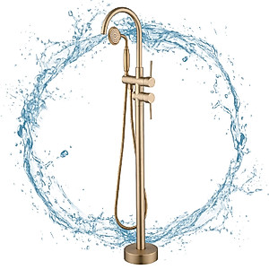 PROOX Freestanding Bathtub Faucet Floor Mounted, High Flow Free Standing Tub Filler with Hand Sprayer, Swivel Spout - Brushed Gold