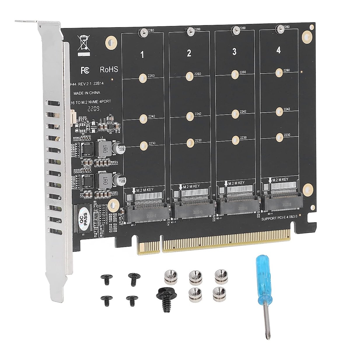 M.2 NVME SSD to PCIE X16 Adapter, 4x32Gbps M.2 NVME (m Key) SSD to PCIe 3.0 x 4 Port Host Controller Expansion Card with Individual LED Indicator