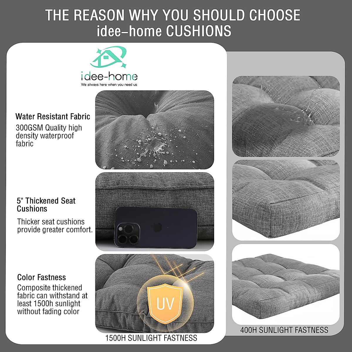 idee-home Bench Cushion for Outdoor Furniture, Patio Loveseat Cushions 48 x 18 x 5 inches Waterproof with Ties, Porch Swing Cushions Wicker Indoor Settee Cushions with Round Corner