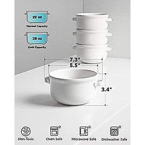 LE TAUCI Soup Bowls With Handles 28 Ounce, French Onion Soup Bowl for Chili, Beef Stew, Cereal, Ceramic Soup Crocks oven Safe, Microwave Dishwasher Safe - 5.5 inch, Set of 4, White