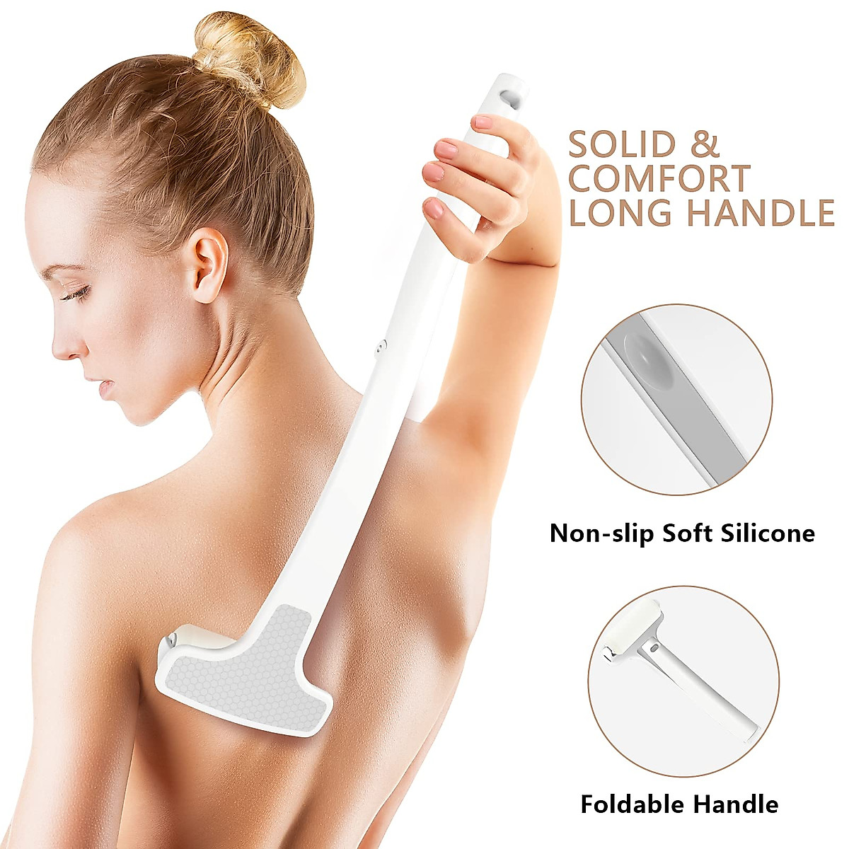 KUMSANITE Lotion Applicator for Back & Body with Folding Curved Long Handle for Any Lotions Sunscreen Cream Medication Ointment for Women Men, 2 Replaceable Foam Rollers with Bracket (White)