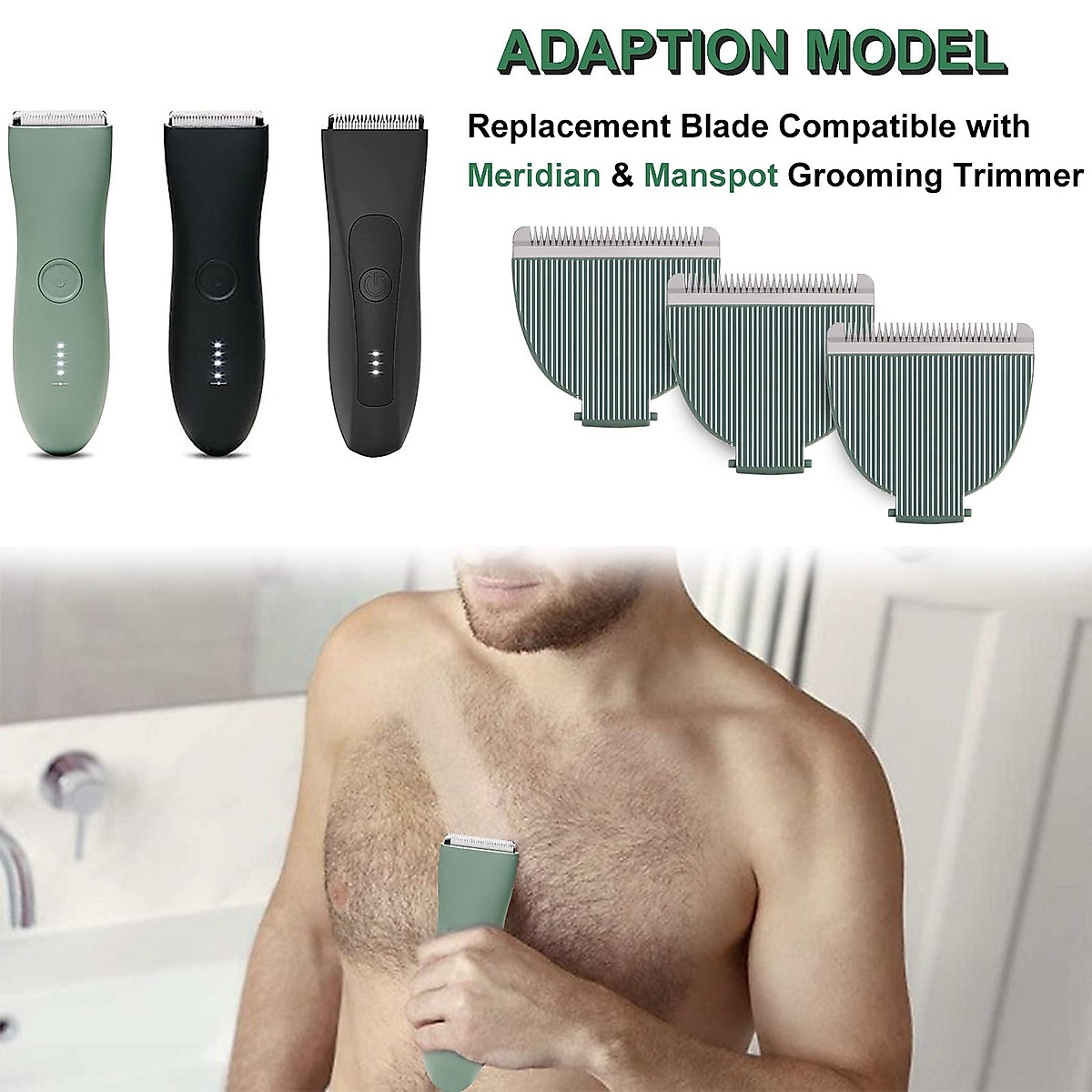 3 Pack Replacement Blades Compatible with Meridian Trimmer, Hygienic Ceramic Replacement Blades Compatible with Meridian Body Trimmer (Onyx & Sage), Green