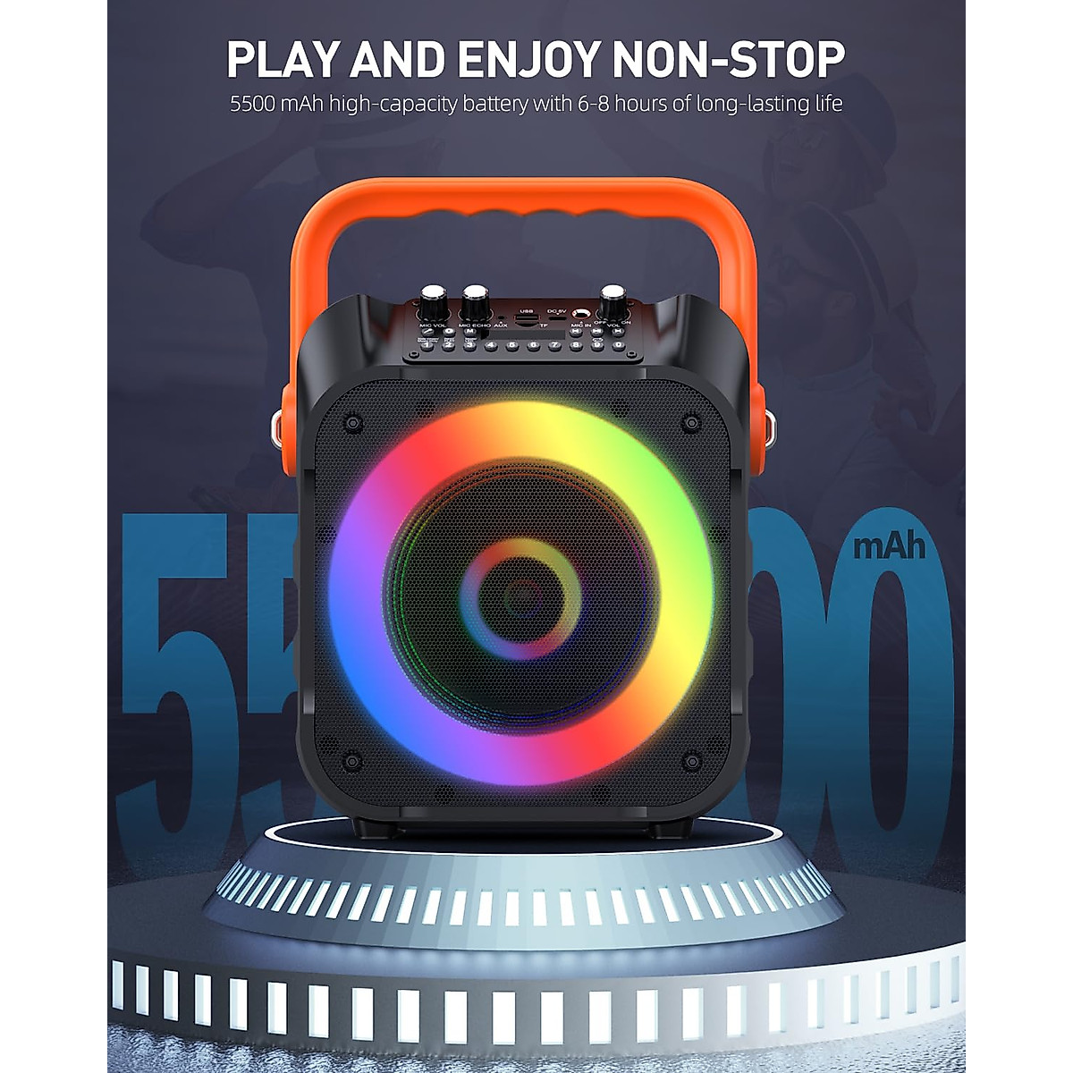 Karaoke Machine with Two Wireless Microphones, Portable Karaoke Machine for Adults & Kids, Karaoke Microphone with PA System, LED Lights, Karaoke Speaker Supports for TF Card/USB, AUX In, FM, REC,TWS