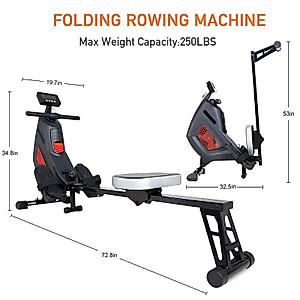 Rowing Machine Folding Magnetic Air Rowing Machines, Indoor Rower Machine for Home Use, 8 Levels Quiet Magnetic & Air Dual Resistance Foldable Rower for Exercise Gyms Training, 250 LBS Max Weight