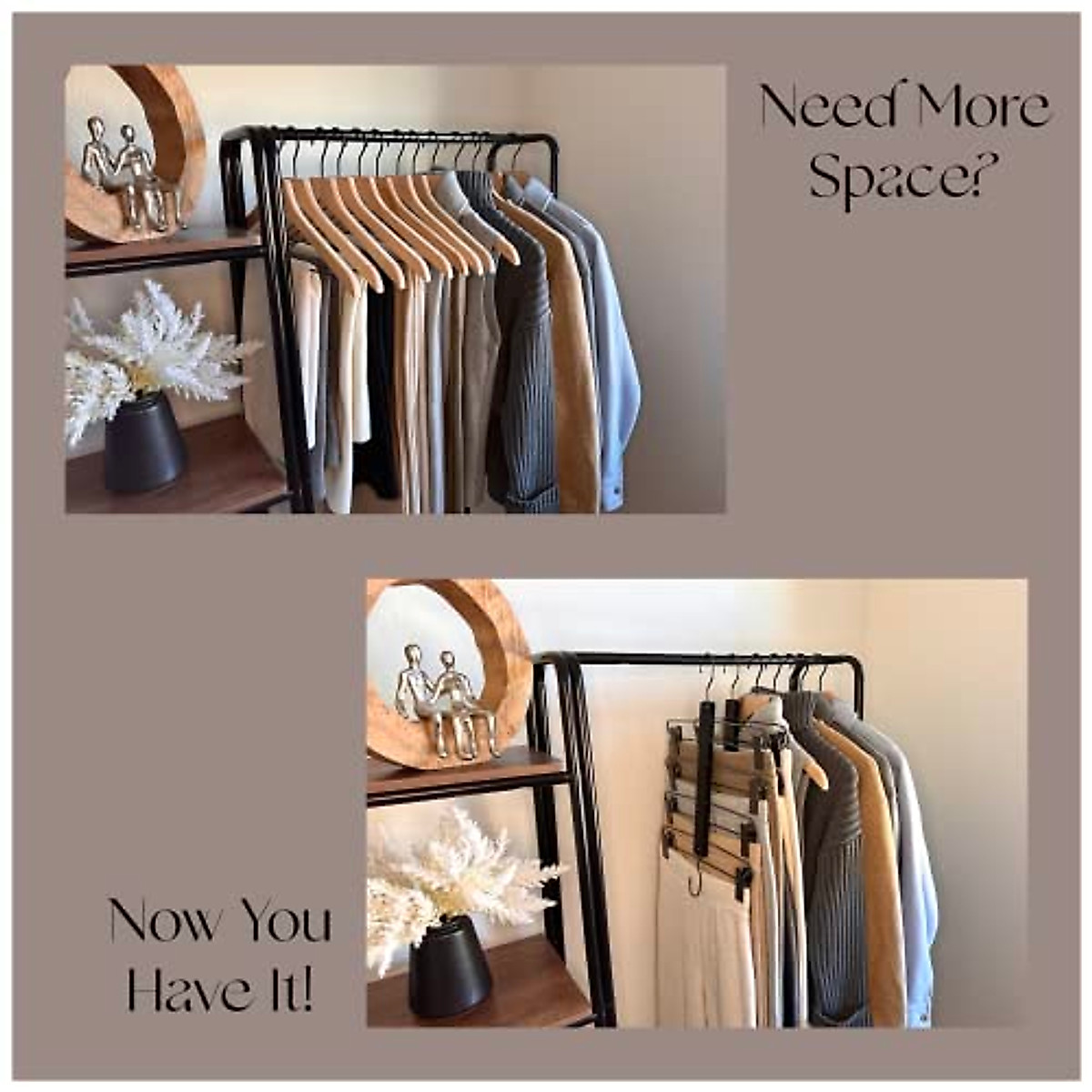 May Finery Pants Hangers Space Saving 2 Pack- Metal Skirt & Pant Hangers with Clips - Jean Hangers for Closet Clothes Hanger Organizer, Multi Slack Trouser Pants Rack Closet Hangers Space Saver, Black