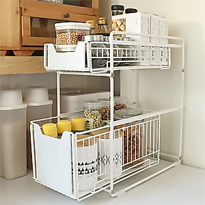 TristonSong Stackable 2-Tie Under Sink Cabinets Organizer with Sliding Storage Drawer, Pull Out Cabinets Organizer Shelf, Sliding Kitchen Countertop Storage Basket-White Large