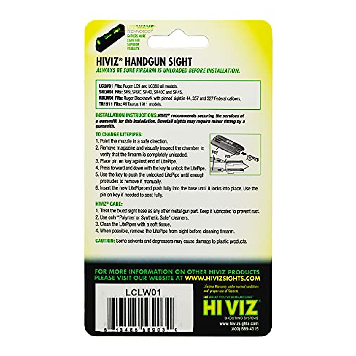 HIVIZ LCLW01 Ruger LC9/LC380 Interchangeable LITEWAVE Front Handgun Sight Green, Red, and White, One Size