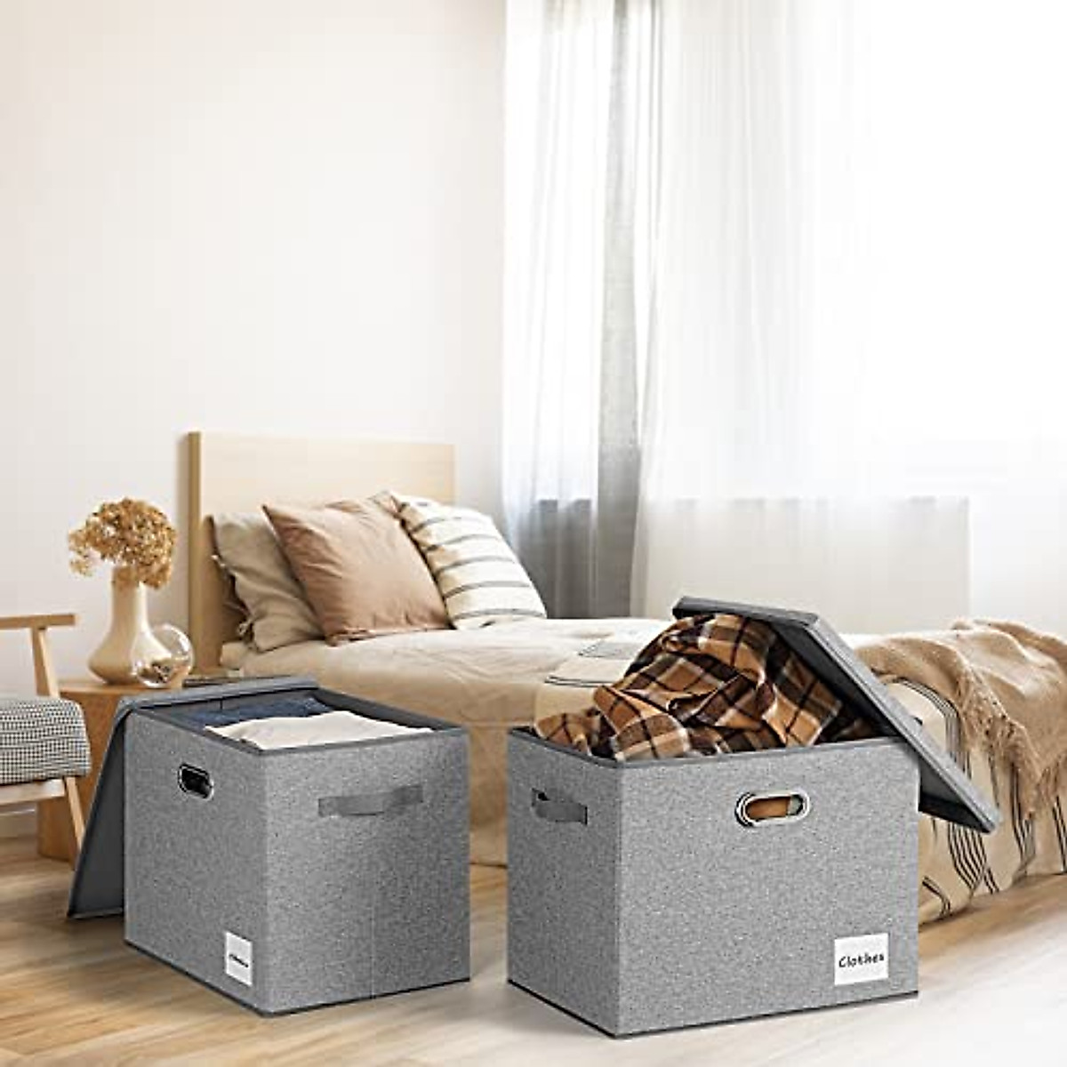 LHZK Extra Large Storage Bins with Lids 16x12x12 Foldable Linen Fabric Storage Boxes with Lids, Decorative Fabric Storage Bins with Label & 3 Handles for Shelves Bedroom Home Office (Grey, 2-Pack)