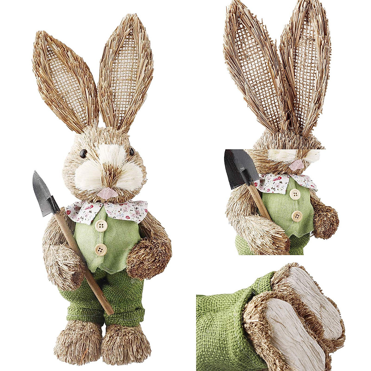 Alapaste Standing Easter Bunny Figures,14.2inch Funny Sisal Easter Bunny Holding Shovel Wearing Green Nest for Party and Home Garden Decor, for Kids