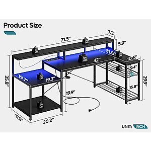 Bestier Gaming Desk with Power Outlet, 71.5 inch LED Computer Desk with Monitor Stand, L Shaped Large Desk with Metal Shelf, Cup Holder & Headset Hooks, Corner Desk for Bedroom 3D Carbon Fiber