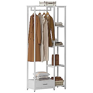 SogesHome Hall Tree with 1-Drawer, 3-in-1 Wood Cloth Garment Racks, Coat Stand with 4-Tier Side Storage Shelves, Home Storage Stand Open Display for Living-room, Bedroom, White