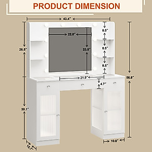 IFSEB Makeup Vanity with Glass Top, White Vanity Desk with Mirror and Lights, Big Vanity with Drawers & Cabinets for Bedroom, Cute Vanity with Crystal Knobs & Power Outlet for Women, Girls