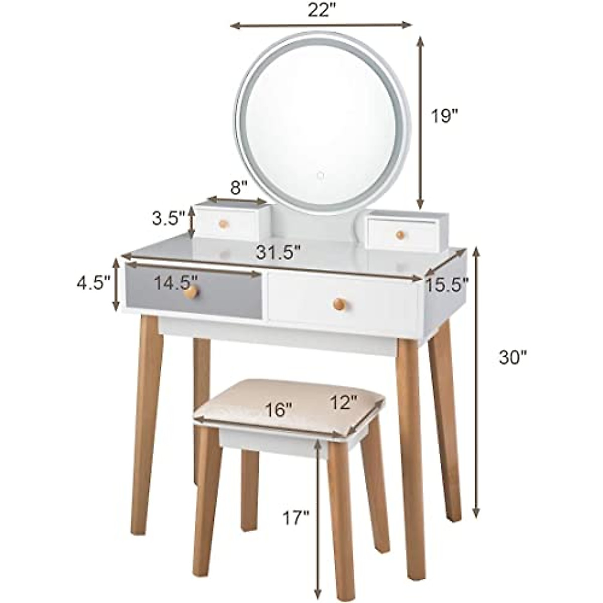 Vanity Set, Touch-Screen LED Round Mirror, Dressing Table with Cushioned Stool, 4 Storage Drawers &Spacious Desktop, 3 Adjustable Light Colors, Makeup Table and Stool Set for Women Girls, White + Gray