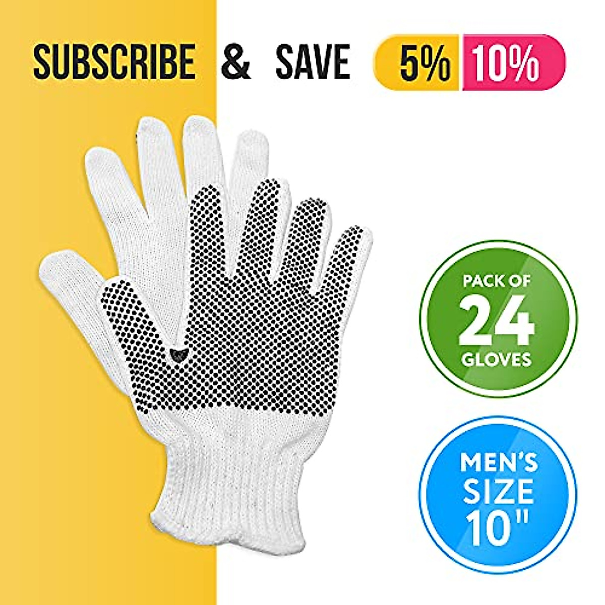 ABC String Knit Gloves with Grip Dots 10'', Pack of 24 White Work Cotton Gloves with Polyester Materials, Reusable PVC Dotted Working Gloves, Safety Work Gloves for Industrial Work