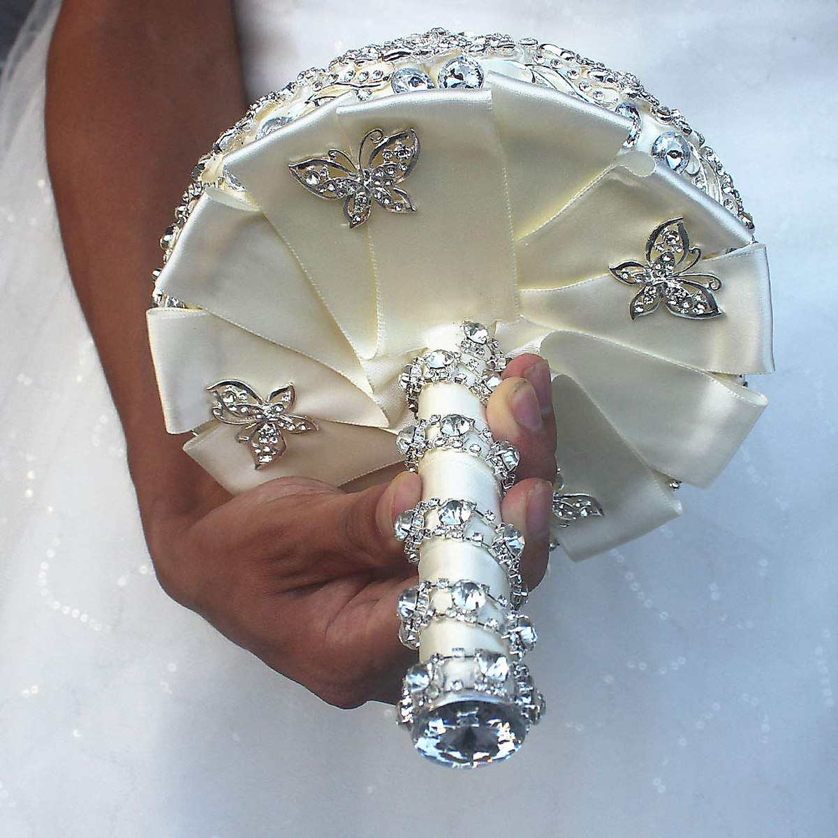 DOTKV Wedding Bouquet with Silver Luxury Artificial Diamond,Set Including Bouquets, Wrist Flowers,Corsage for Your Wedding with Full Hand-Made (Silver+Ivory)