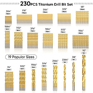TICONN 230PCS Titanium Coated Drill Bit Set, 135 Degree Tip HSS Drill Bits Kit with Storage Case for Steel, Aluminum, Copper, Soft Alloy Steel, Wood, Plastic Size from 3/64" to 1/2"
