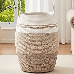 OIAHOMY Laundry Hamper Woven Rope Large Clothes Hamper 25.6" Height Tall Laundry Basket with Extended Handles for Storage Clothes Toys in Bedroom, Bathroom, Foldable (Gradient Yellow)