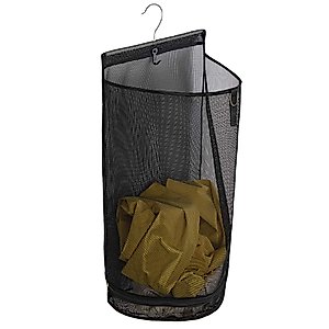 ALYER Hanging Semi Round Storage Mesh Bag,Collapsible Laundry Hamper Basket with Durable Hanger (Black)