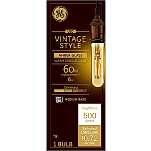 GE Lighting VintaStyle LED Tube Light Bulb, 6 Watts (60 Watt Equivalent) Warm Candle Light, Amber Glass, Medium Base, Dimmable (1 Pack)