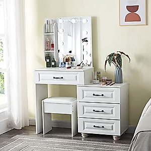 JBLCC Makeup Vanity Table with Lighted Mirror,Makeup Vanity with Power Outlet and Drawers, Storage Shelves, Vanity Desk for Woman Girls, White (5951USB)