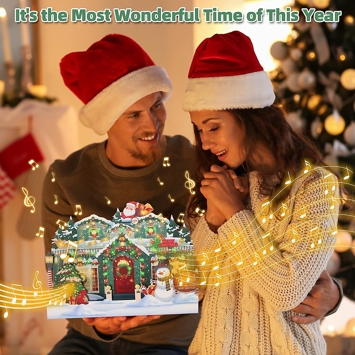 XTF2015 Christmas Greeting Cards Christmas Gift 3D Pop Up Christmas Gift Card with Musical & Christmas Home Animated Lights, Plays 3 Christmas Melody with Matching Flashing Lights