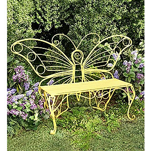 Plow & Hearth Weatherproof Butterfly Outdoor Bench | Holds Up to 300 lbs | Garden Patio Porch Park Deck | Metal | Yellow