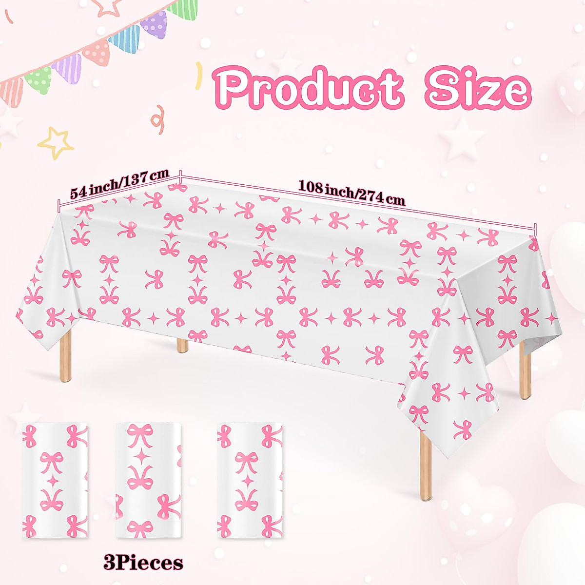 3 Pcs Pink Bow Table Cloth Rectangle Table Party Supplies Bow Theme Disposable Plastic Table Covers Waterproof Coquette Birthday Decorations for Women Girls Bridal Baby Shower Bachelorette Party Decor