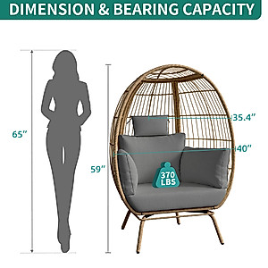 YITAHOME Egg Chair Wicker Outdoor Indoor, Oversized Lounger with 370lbs Capacity Large Egg Chairs with Stand Cushion Egg Basket Chair for Patio, Balcony, Bedroom - Grey
