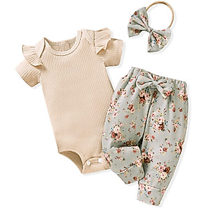 Aalizzwell Preemie Baby Girls Clothes Ribbed Floral Short sleeve Spring Summer Outfits Beige Premature