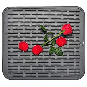 KindGa Silicone Drying Mats for Kitchen Counter, Large Grey Dish Drying Mat – Heat Resistant Counter Mat, 18” x 16” Easy to Clean Rubber Kitchen Drying Mat
