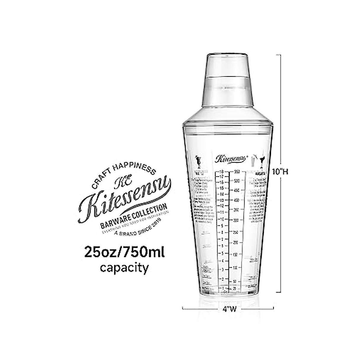 KITESSENSU Cocktail Recipe Shaker - Martini Recipes Measured Plastic Cobbler Shaker with Cap and Built In Strainer - Best Gift for Beginner