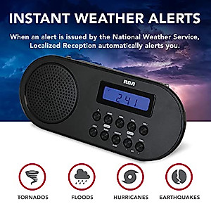 RCA – NOAA Emergency Weather Alert Radio with AM/FM Radio, Digital Clock and Alarm – AC or Battery Powered (RCWR7)