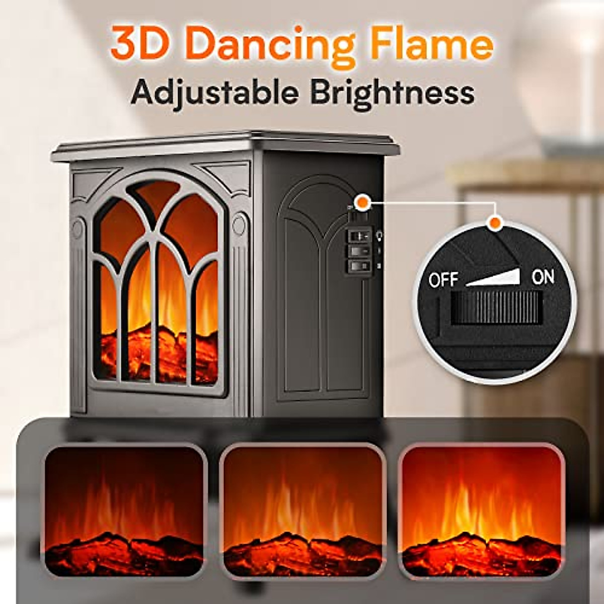 Electric Fireplace Heater, Infrared Space Heater with 3s Fast Heating, 1500W 750W 2 Modes, 3D Flame Effect, Overheat Tip-Over Protection, Brightness Adjustable, Safe Free Standing Stove Without Noise