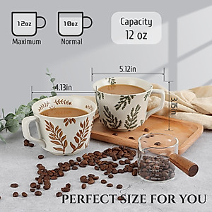 LINVIA Ceramic Coffee Mug, 12 oz Novelty Unique Teacup with Large Handle, Stoneware Cup for Tea Mocha Latte Cappuccino Espresso (Set of 2, Ivy and Leaf)