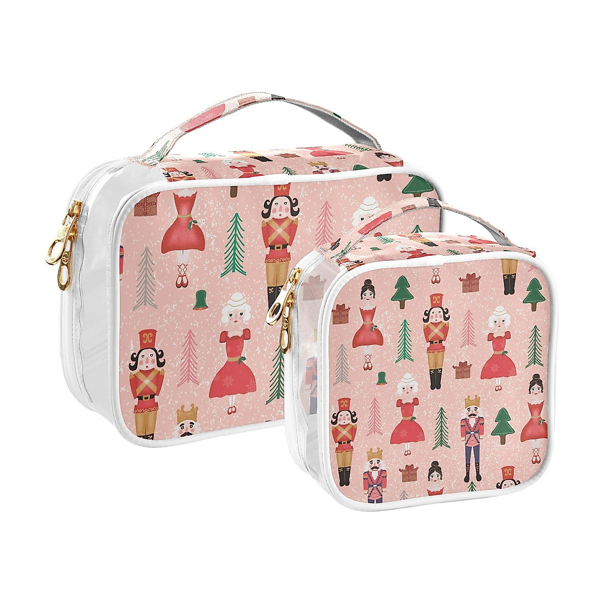 Pink Tree Nutcrackers 2 Pieces Clear Makeup Cosmetic Toiletry Bags for Women PVC Waterproof Portable Travel Storage Carry Pouch with Gold Zippers Organizer Case for Vacation Organizing Traveling