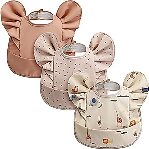 Ramede 3 Pcs Waterproof Baby Bib Washable Toddler Bibs Soft Feeding Bibs with Food Catcher for Baby Boy or Girl Eating Travel Home Supplies, Lovely