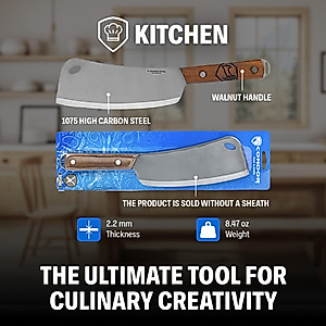 Condor Tool & Knife Cleaver Knife | Full Tang Butcher Knife with a Blasted Satin Finish | 1075 High Carbon Steel Meat Cleaver with a Walnut Rivet Handle | 7.17 in Blade | 8.47oz (2.2mm Thick)