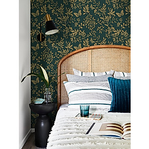 Wudnaye Green Vintage Floral Wallpaper Peel and Stick Wallpaper Dark Green and Gold Flower Leaf Butterfly Contact Paper 17.7" X 118.1" Removable Self Adhesive Boho Wallpaper for Bedroom Cabinets Decor