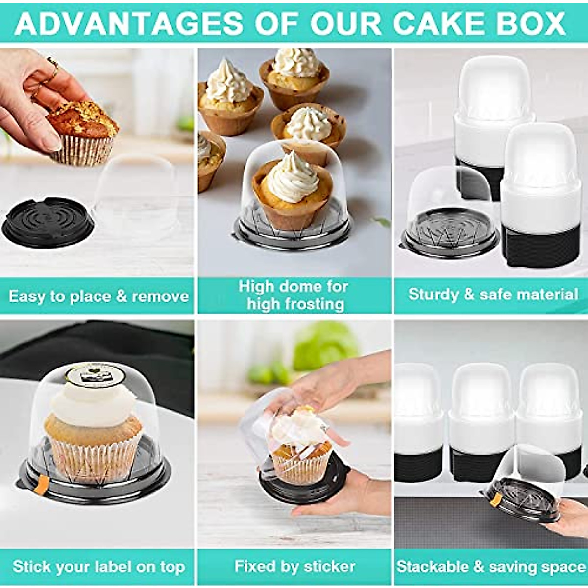 Cupcake Boxes, Individual Cake Container, 100 Pcs Single Disposable Clear Plastic Deep Dome Cupcakes Holders with Lid for Home Shop Party Birthday Wedding Holiday, Cookie Cakes Brownie Storage Carrier
