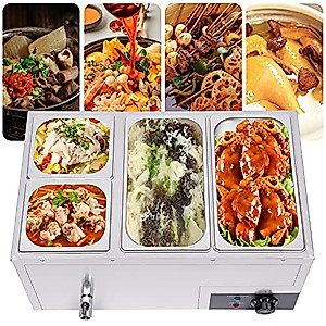 Electric Commercial Food Soup Warmer 4 Pans Canteen Buffet Steam Heater Stainless Steel with Temperature Control, Buffet Food Warmer for Catering and Restaurants Use