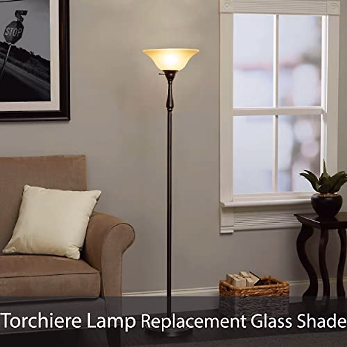 Aspen Creative 23121-01, Etched Alabaster Replacement Glass Shade for Medium Base Socket Torchiere Lamp, Swag Lamp and Pendant, 1-5/8" Fitter Size x 20" Diameter x 6-3/4" Height