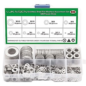 304 Stainless Steel Flat Washers Set 580 Pieces, 9 Sizes - M2 M2.5 M3 M4 M5 M6 M8 M10 M12 Suitable for Home Decoration, Factories Repair, Kitchens, Shops and Outdoor Construction
