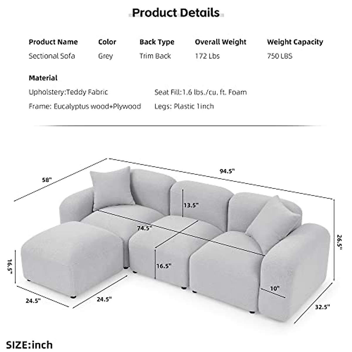 Melpomene Minimalist Convertible Modular Sectional Sofa, Modern 94.5" DIY L Shaped Reversible Sherpa Fabric Sofa Couch for Living Room,Apartment,Office(Grey)