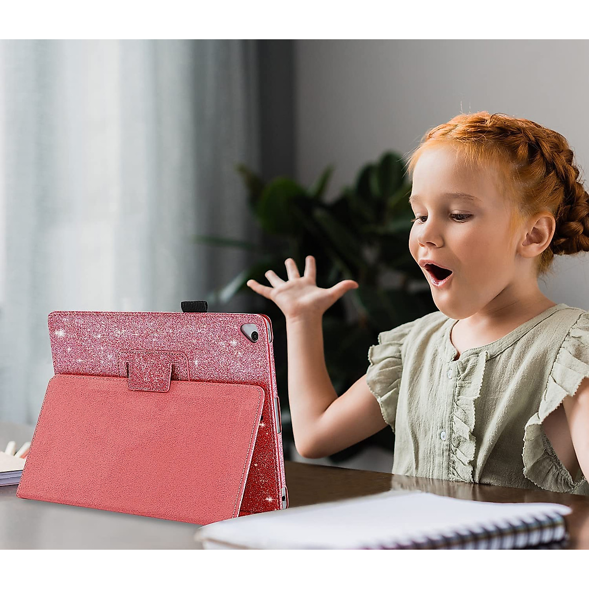 CLARKCAS iPad Air 2 Glitter Case 2014 Release Girls Women Bling Sparkle Leather Bifold Smart Tablet Case Protective Cover with Pencil Holder for Air/Pro 9.7/iPad 2018/2017 9.7 Inch Case,Pink